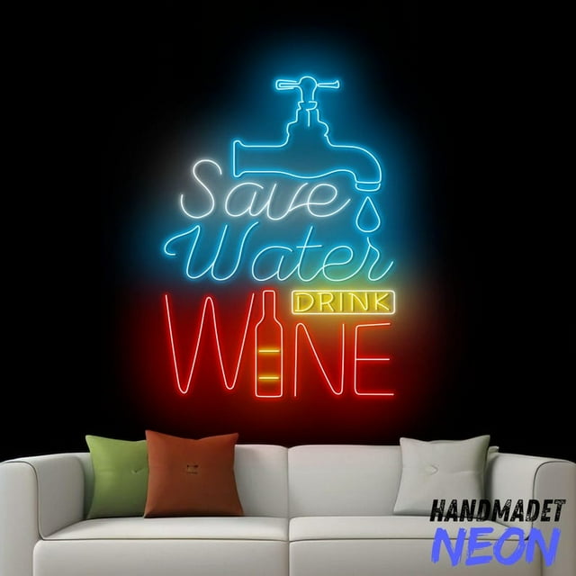 Handmadetneonsign Save Water Drink Wine Neon Sign, Wine Cocktail Led ...