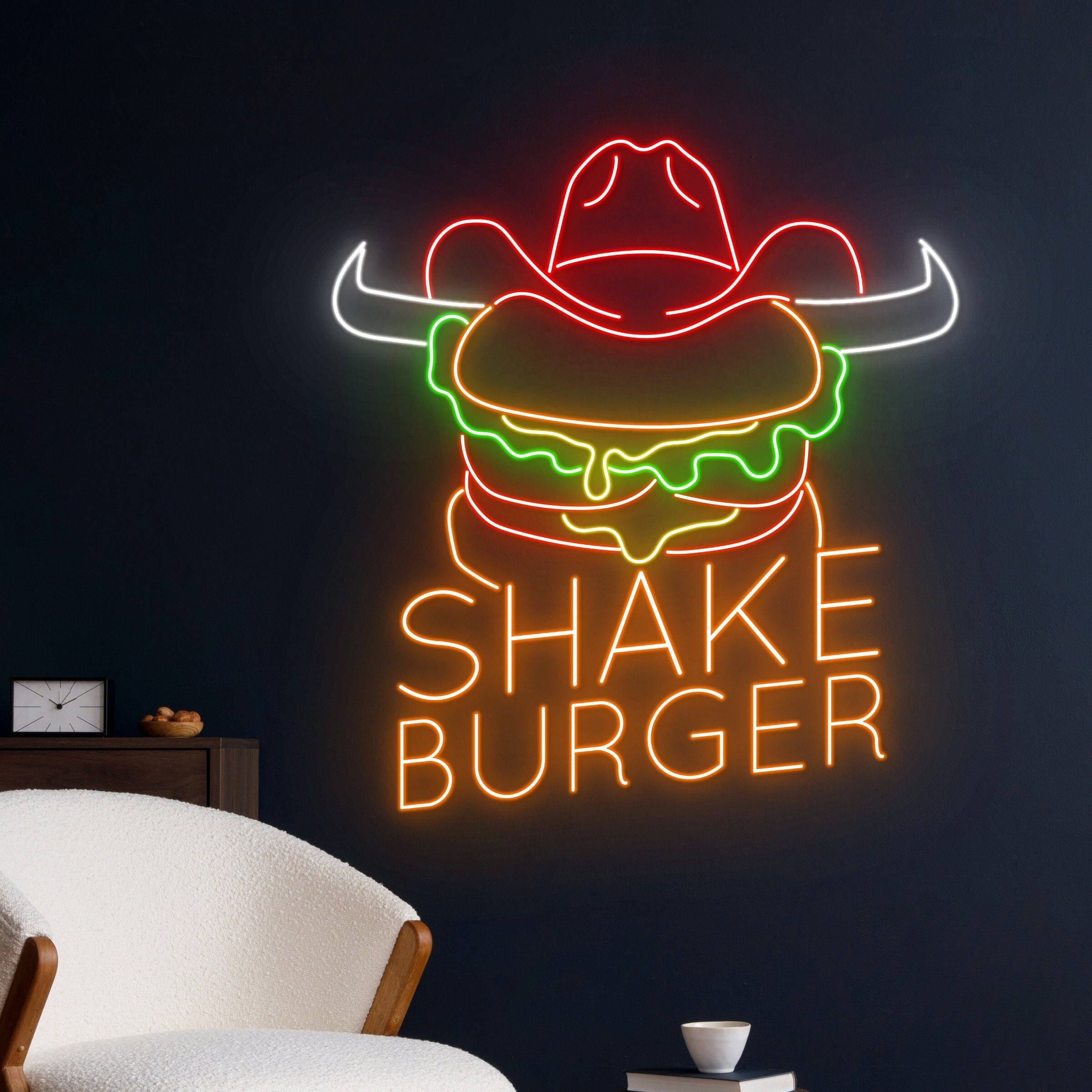 Handmadetneonsign Shake Burger Neon Sign, Cowboy Hat Longhorn Burger ...