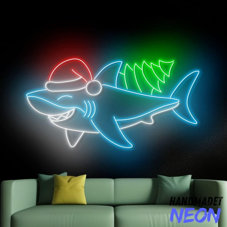 Handmadetneonsign Shark Christmas Hat Neon Sign, Shark Led Light, Fish ...