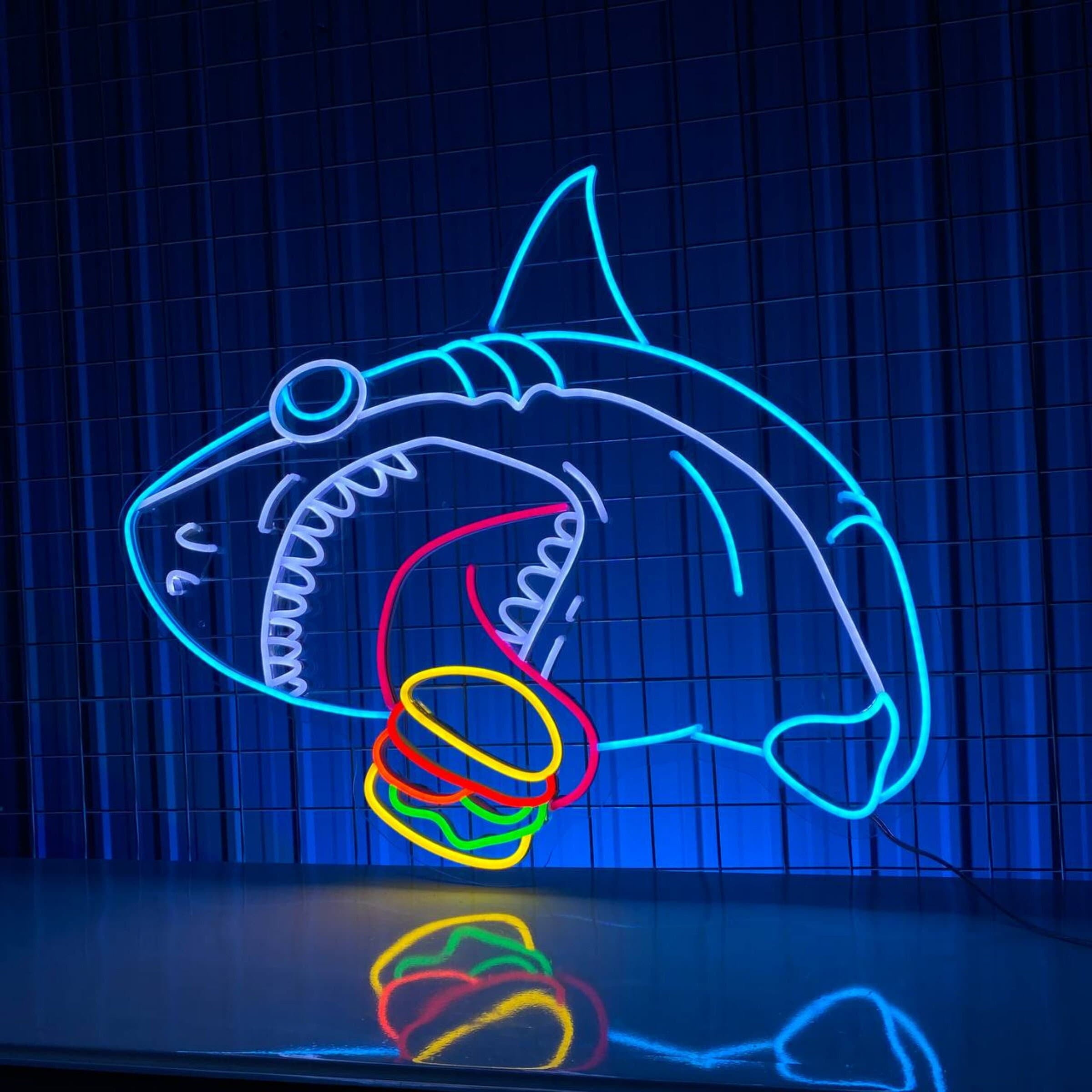 Handmadetneonsign Shark Eating Burger Neon Sign, Burger Shark Neon ...