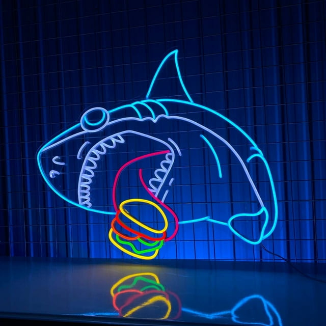 Handmadetneonsign Shark Eating Burger Neon Sign, Burger Shark Neon ...