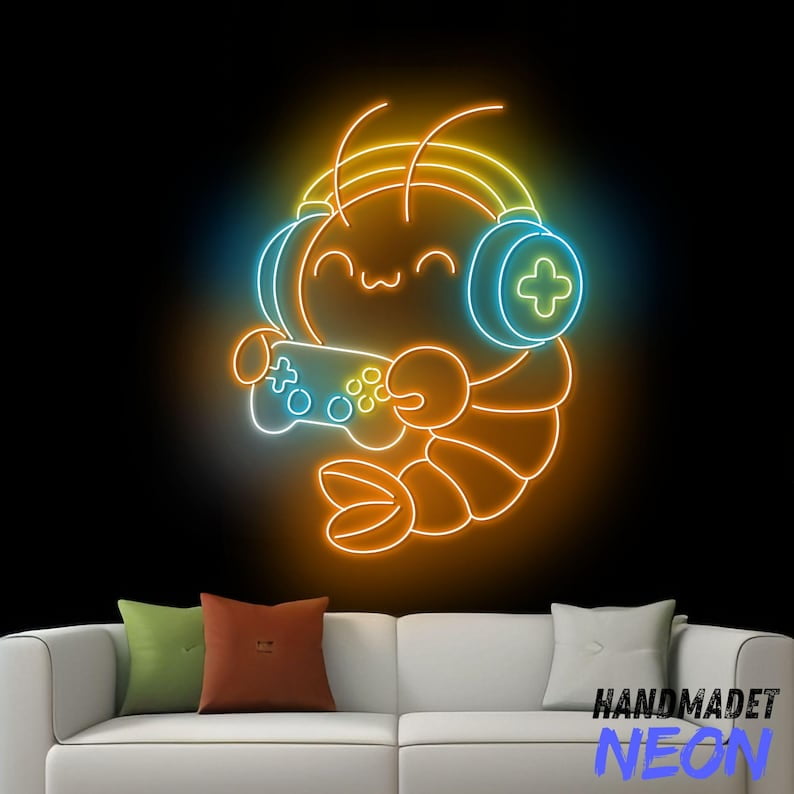 Handmadetneonsign Shrimp Playing Game Neon Sign, Shrimp Headphone Led ...