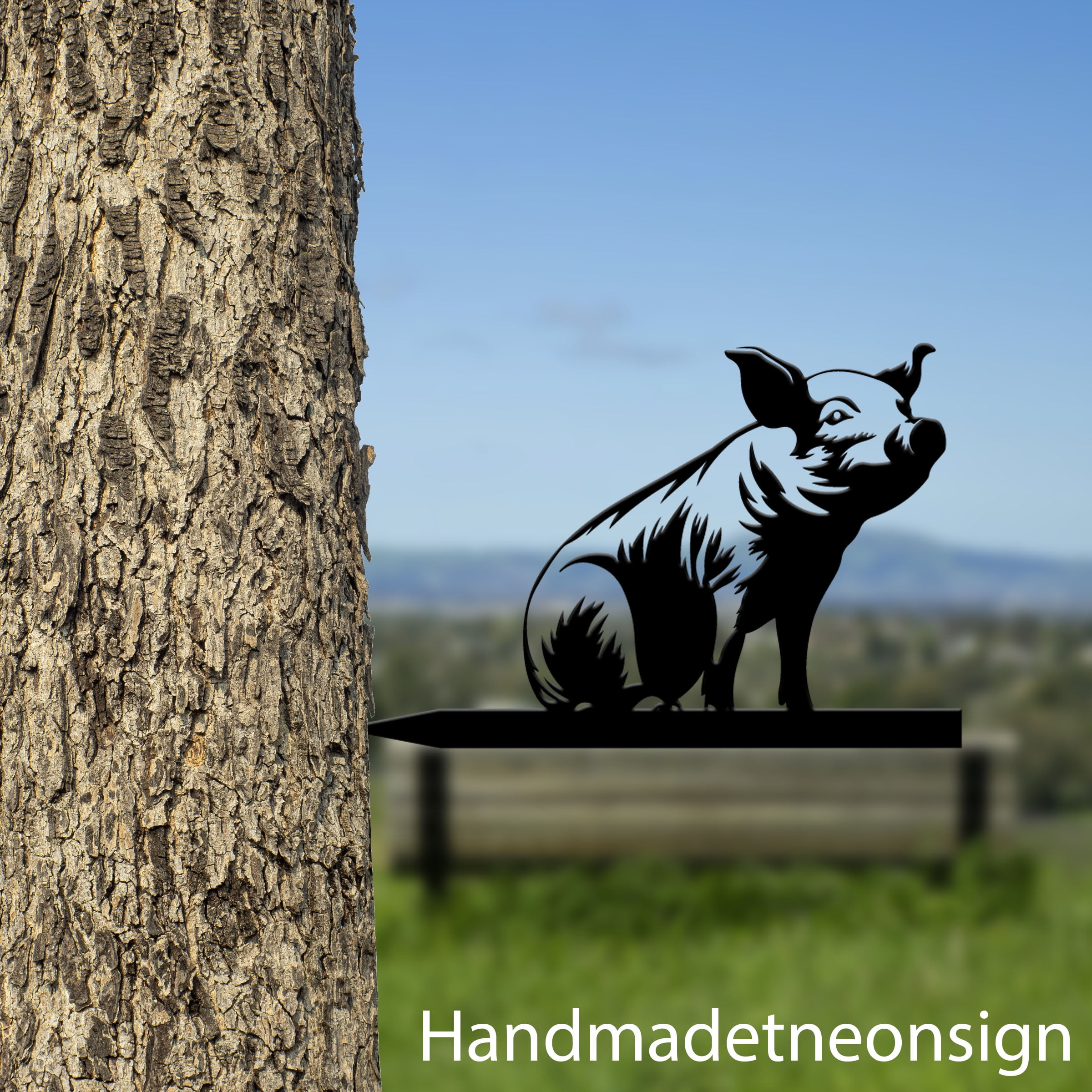 Handmadetneonsign Sitting Pig On Branch Metal Tree Stake, Pig Garden ...