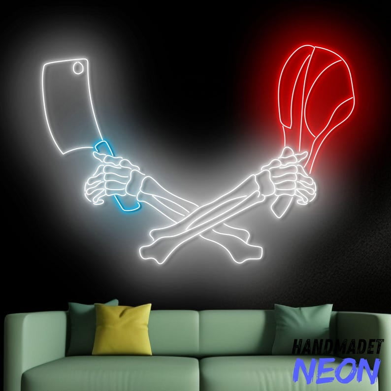 Handmadetneonsign Skeleton Hand Holding Meat Neon Sign, Skeleton Led ...