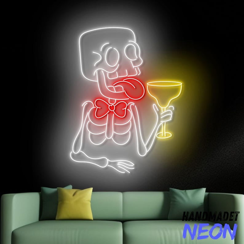Handmadetneonsign Skeleton With Cocktail Neon Sign, Skeleton Led Light ...