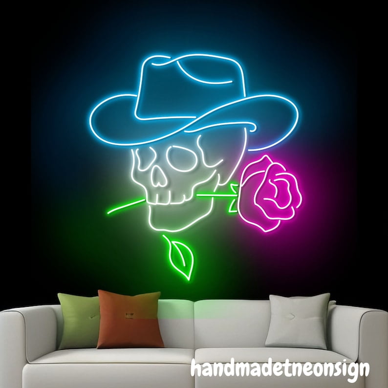 Handmadetneonsign Skull Cowboy With Rose Neon Sign, Skeleton Wall Art ...