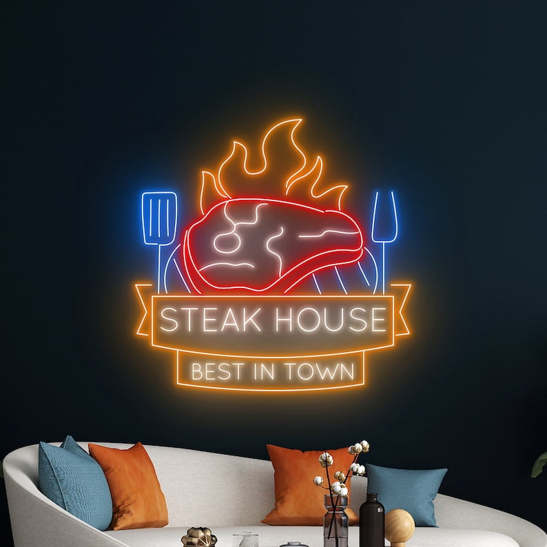 Handmadetneonsign Steak House Best In Town Neon Sign, BBQ Wall Art ...
