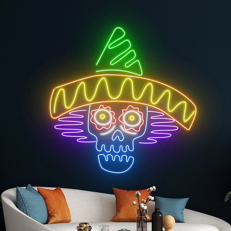 Handmadetneonsign Sugar Skull Sombrero Hat Neon Sign, Mexican Skull ...