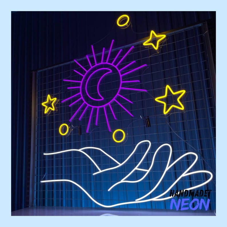 Handmadetneonsign Sun Moon Hand Neon Sign, Sun Moon Led Sign, Crescent ...