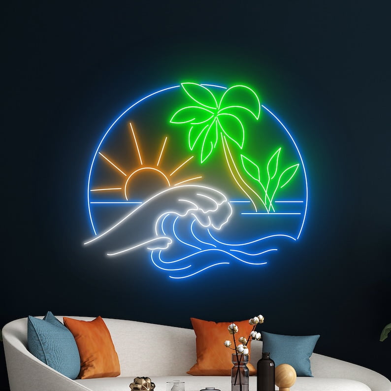 Handmadetneonsign Sun Ocean Waves Palm Tree Neon Sign, Tropical Beach ...
