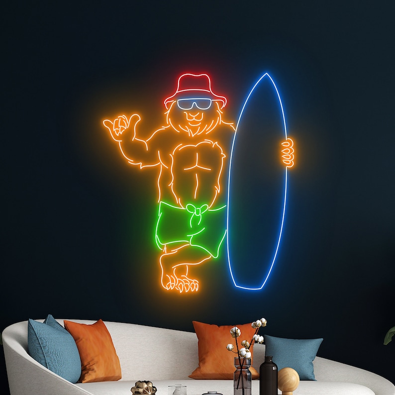 Handmadetneonsign Surfing Bear Wall Art, Bear Surfing Wall Decor ...
