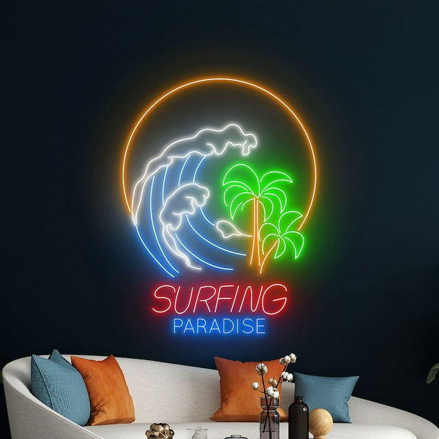 Handmadetneonsign Surfing Paradise Ocean Waves Palm Tree Wall Art ...