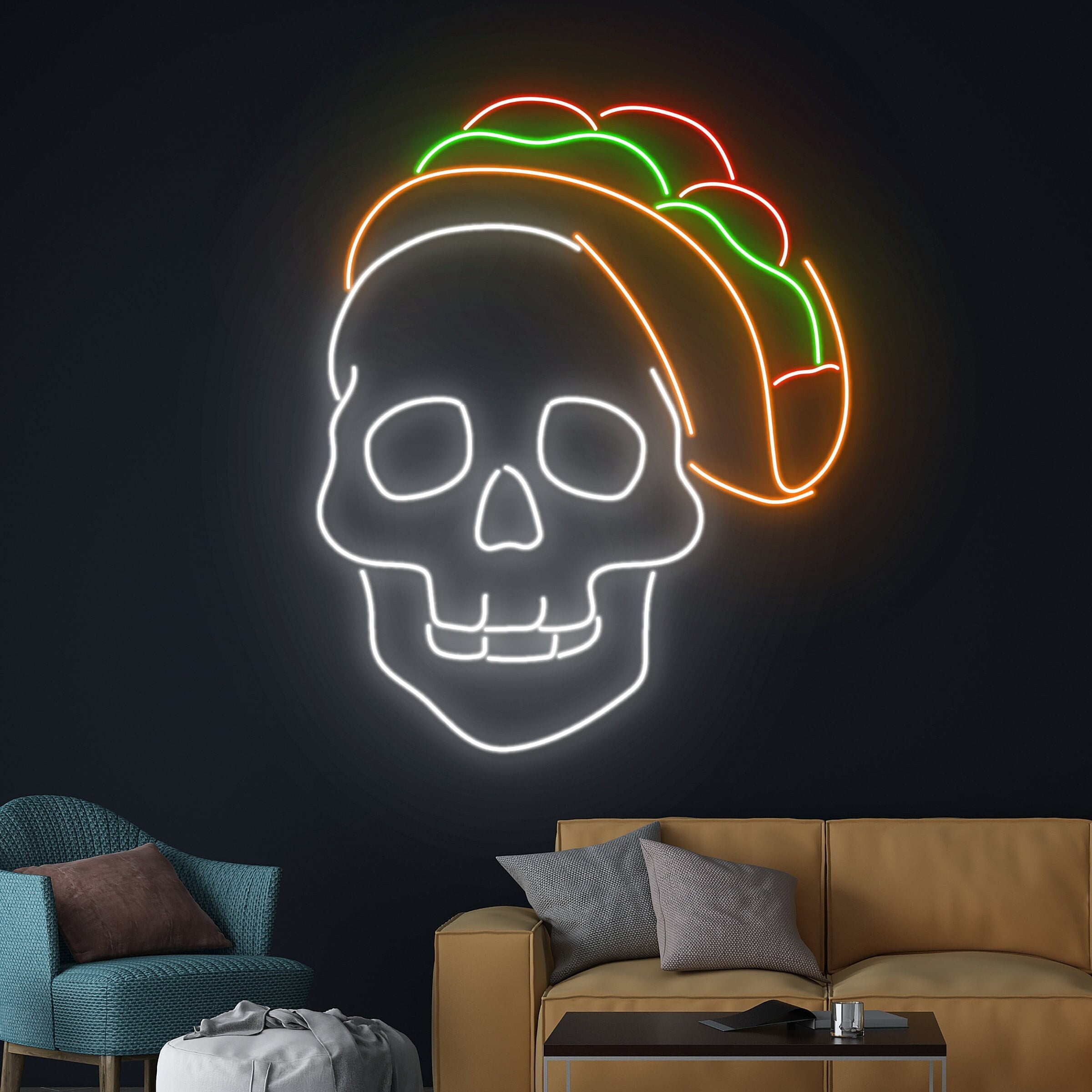 Handmadetneonsign Tacos Skull Neon Sign, Skull Head Tacos LED Sign ...