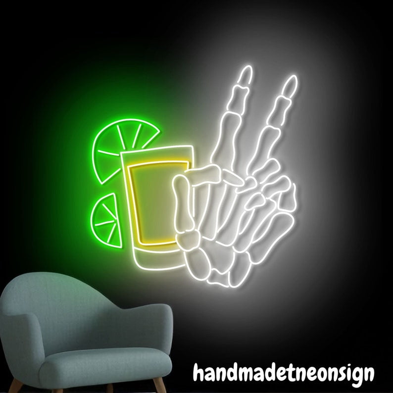 Handmadetneonsign Tequila Peace Hand Neon Sign, Skeleton Hand Wall Art ...