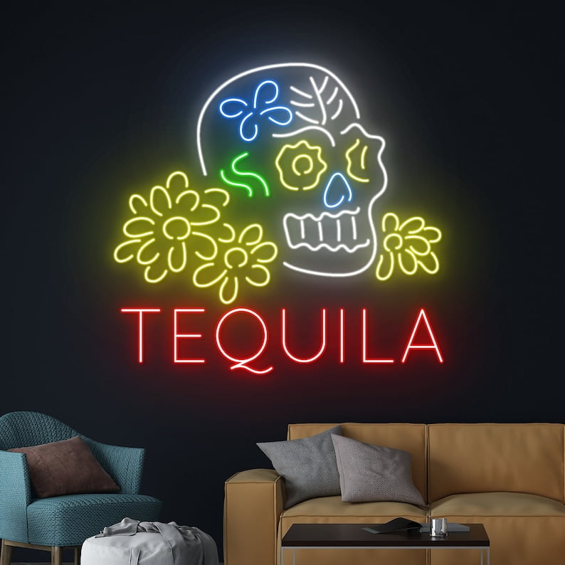 Handmadetneonsign Tequila Sugar Skull Neon Sign, Flower Skull Wall Art ...
