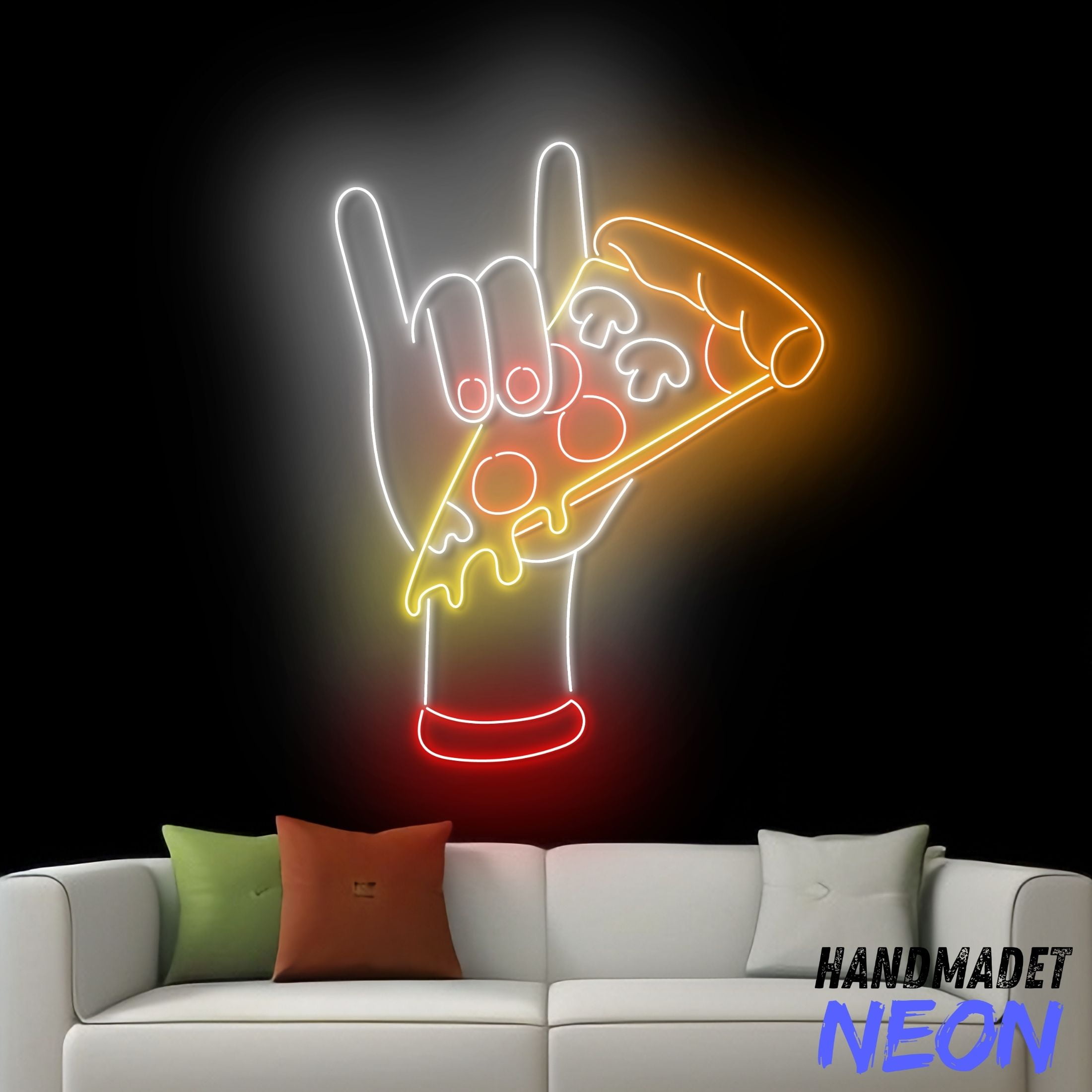 Handmadetneonsign The Rock Hand Holding A Pizza Slice Neon Sign ...