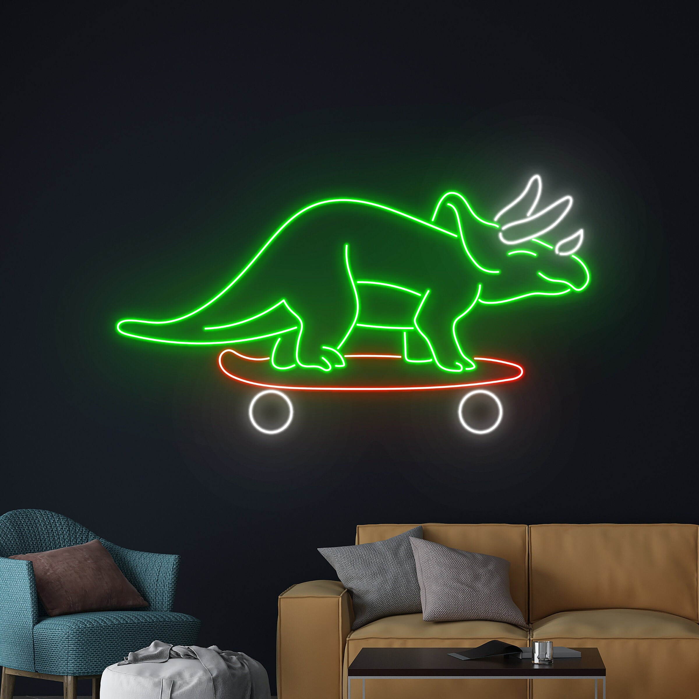 Handmadetneonsign Triceratops Dinosaur Skateboarding Neon Sign ...