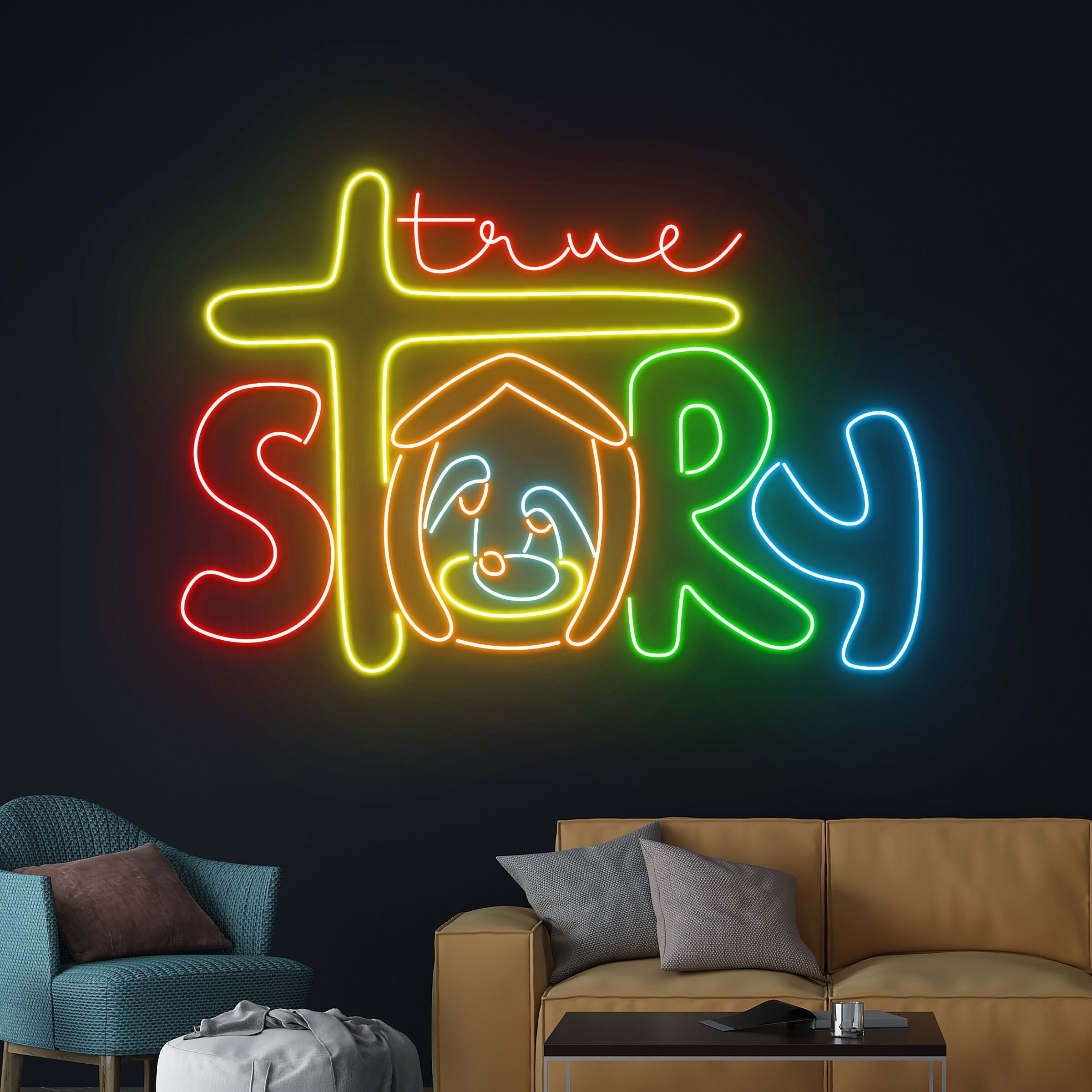 Handmadetneonsign True Story Nativity Scene Neon Sign, Holy Family Led ...