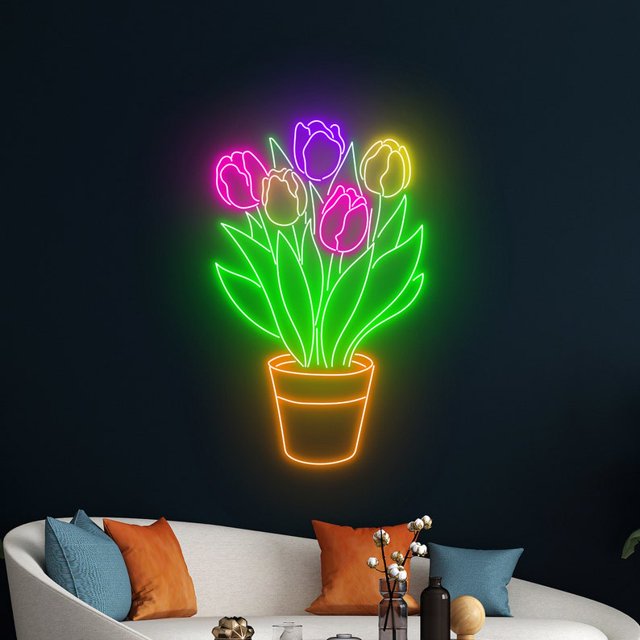 Handmadetneonsign Tulip Flower Pot Led Sign, Tulip Flower Pot Neon Sign ...