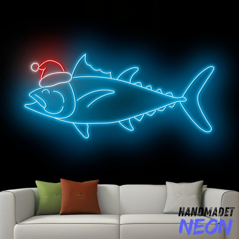 Handmadetneonsign Tuna Christmas Hat Neon Sign, Tuna Fish Led Light ...