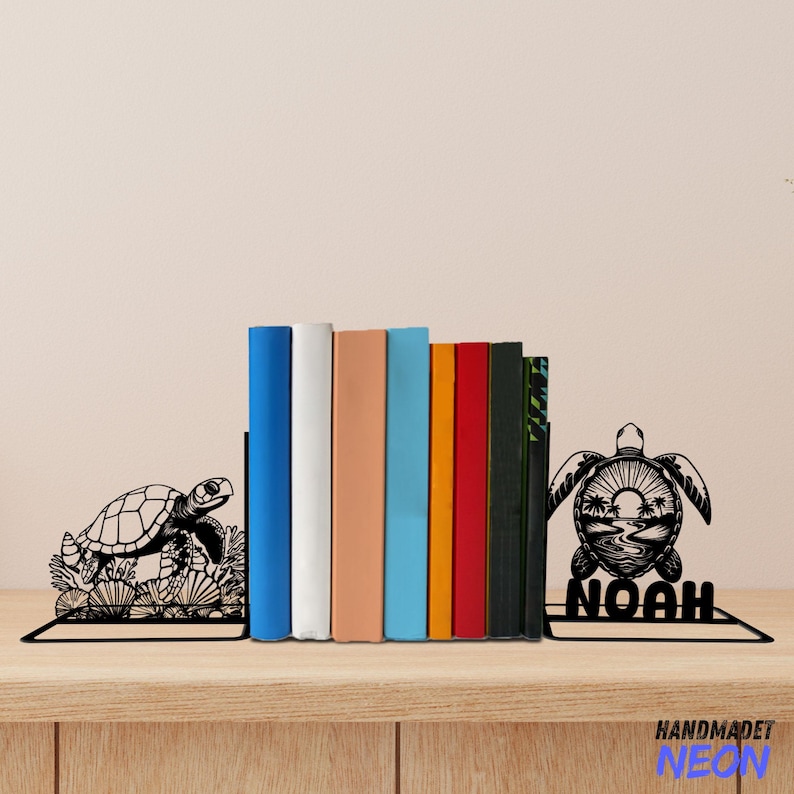 Handmadetneonsign Turtle Metal Bookends, Turtle Lover Name Bookend ...