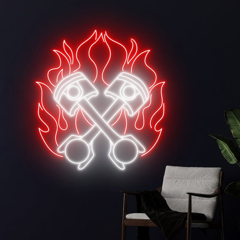 Handmadetneonsign Two Crossed Pistons Burning in Flame Neon Sign, Fire ...
