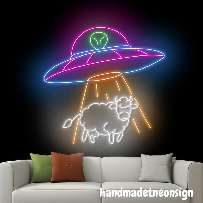 Handmadetneonsign UFO Abduction Cow Neon Sign, Spaceship Led Light ...