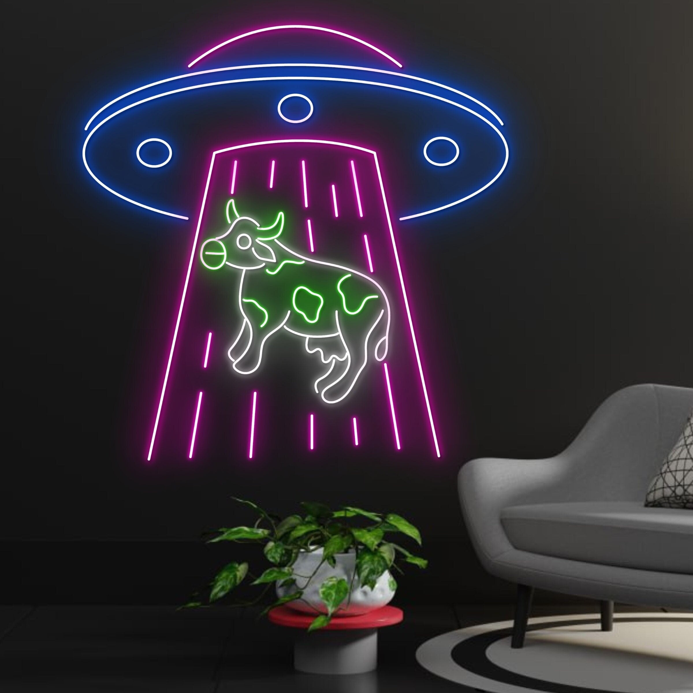 Handmadetneonsign UFO Abduction Dairy Cow Led Sign, UFO Dairy Cow Neon ...