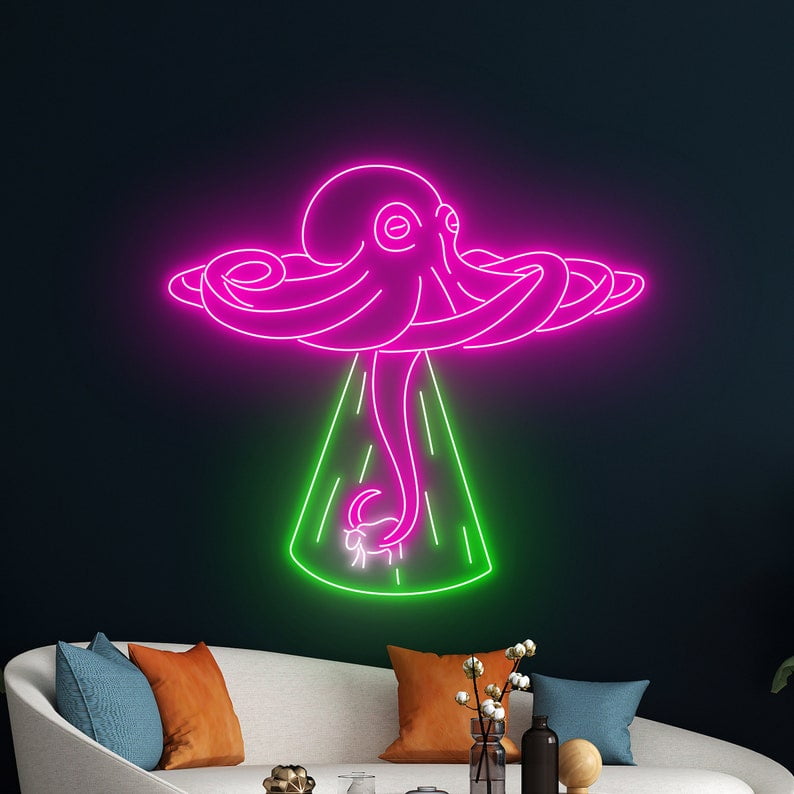 Handmadetneonsign UFO Octopus Abduction A Cow Neon Sign, Octopus Neon ...