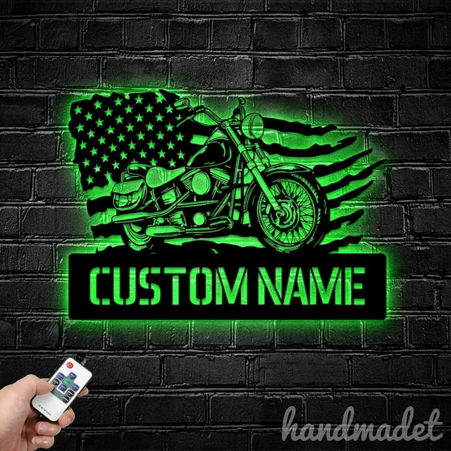 Handmadetneonsign US Flag Motorcycle Name Metal Wall Art LED Light ...