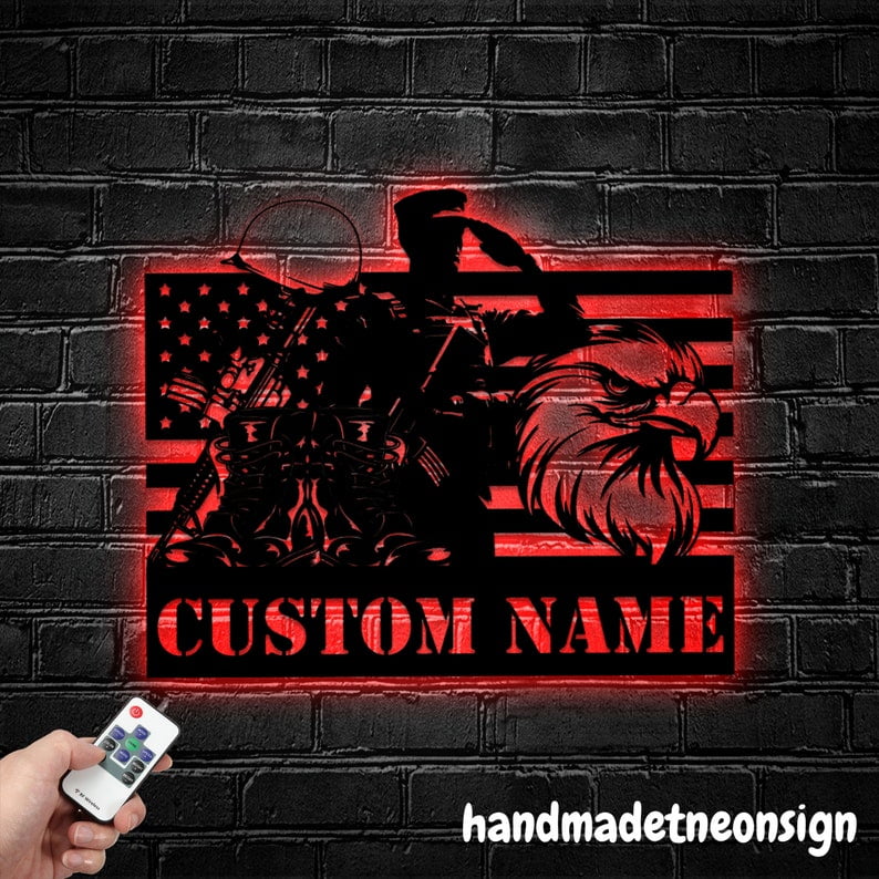 Handmadetneonsign Veteran Metal Sign, Soldier Metal Light, USA Flag ...