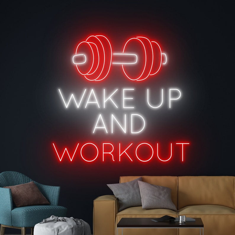 Handmadetneonsign Wake Up and Workout Neon Sign, Bodybuilding Room Wall ...
