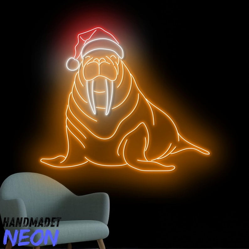 Handmadetneonsign Walrus Christmas Hat Neon Sign, Walrus Led Light ...