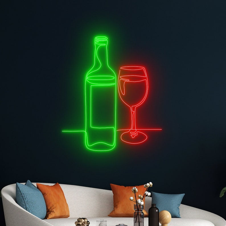 Handmadetneonsign Wine Bottle Neon Sign, Wine Glass Neon Led Wall Art ...