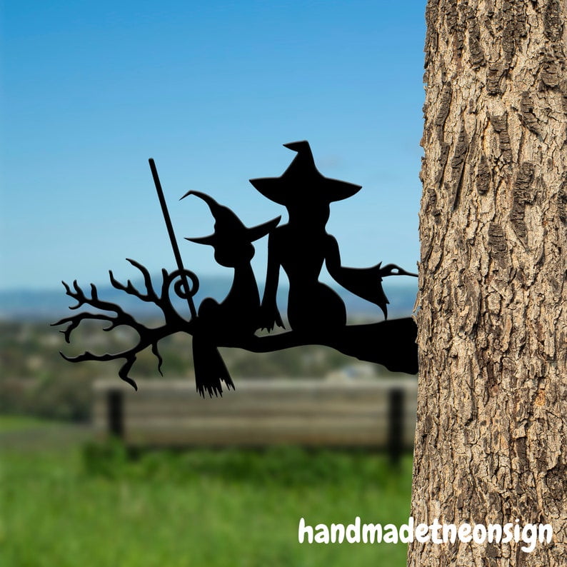 Handmadetneonsign Witch Halloween On Branch Metal Tree Stake, Witch ...