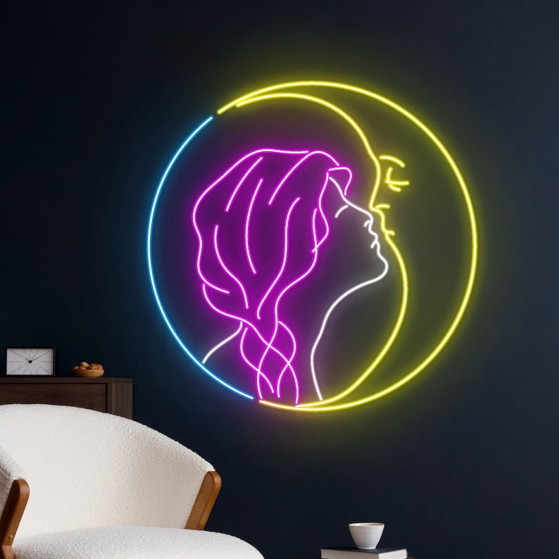 Handmadetneonsign Woman Kissing Moon Neon Sign, Lady Kissing Moon Led ...