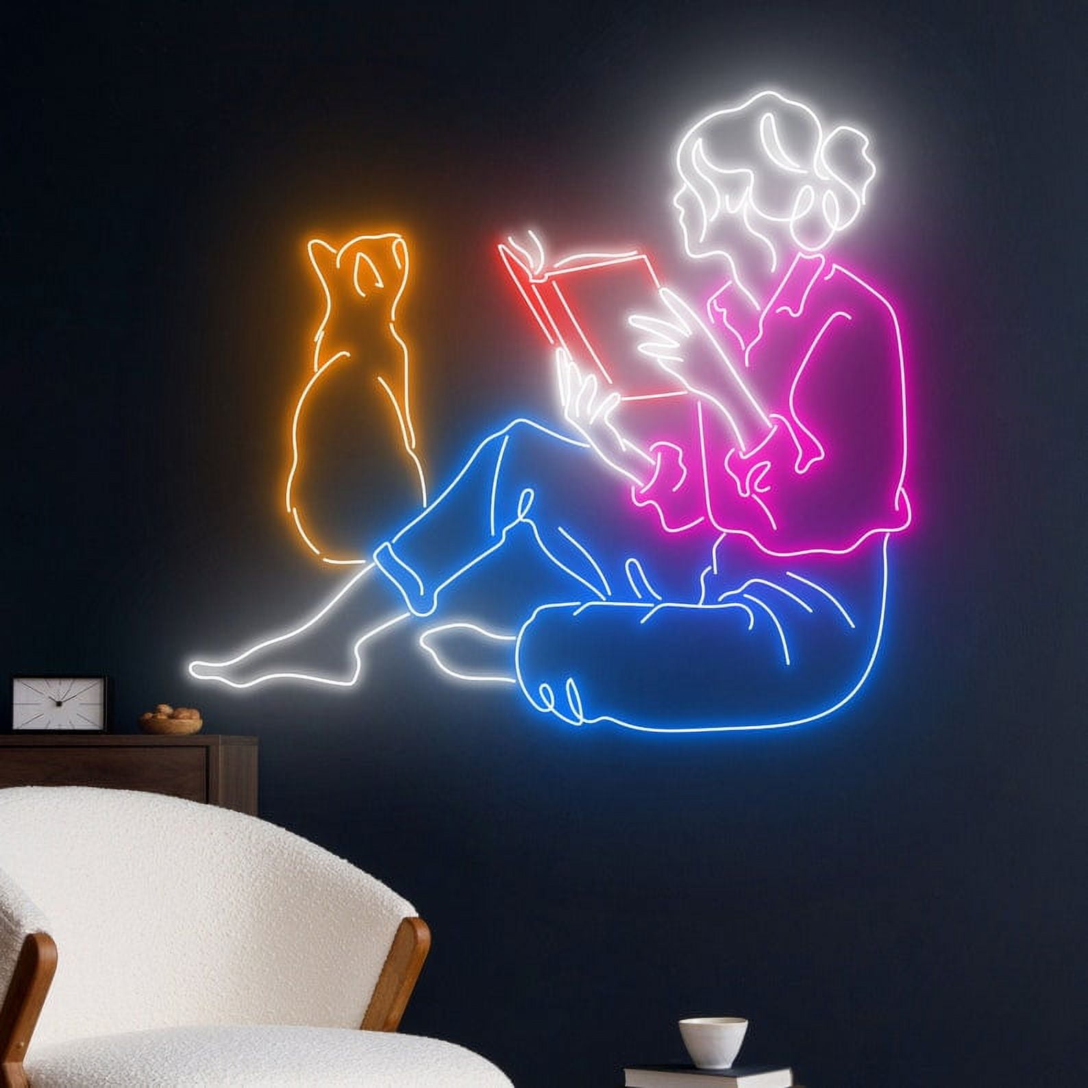 Handmadetneonsign Woman Read Book And Cat Neon Sign, Girl Reading Book ...