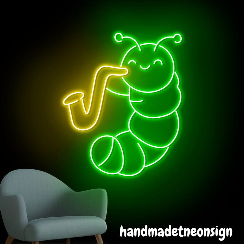 Handmadetneonsign Worm Playing Saxophone Neon Sign, Music Wall Art ...