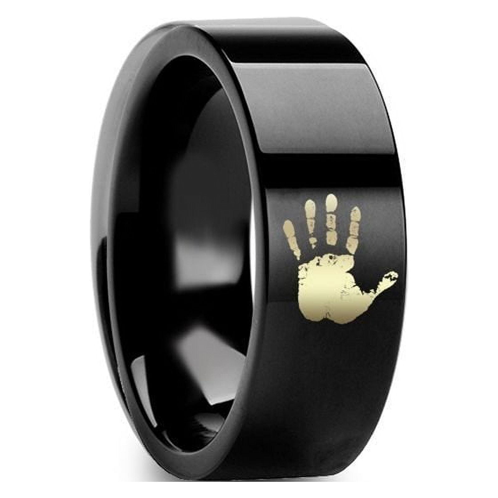 Handprint Engraved Flat Pipe Cut Black Tungsten Ring Polished - 8mm ...