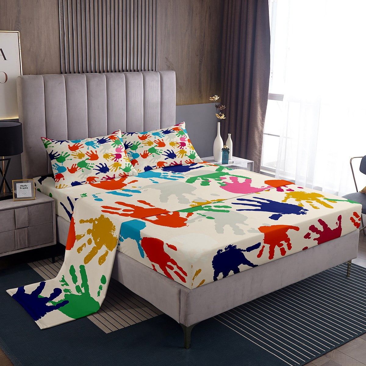 Handprints Bed Sheets Set Queen Footprints Sheet Set Colorful Effect ...