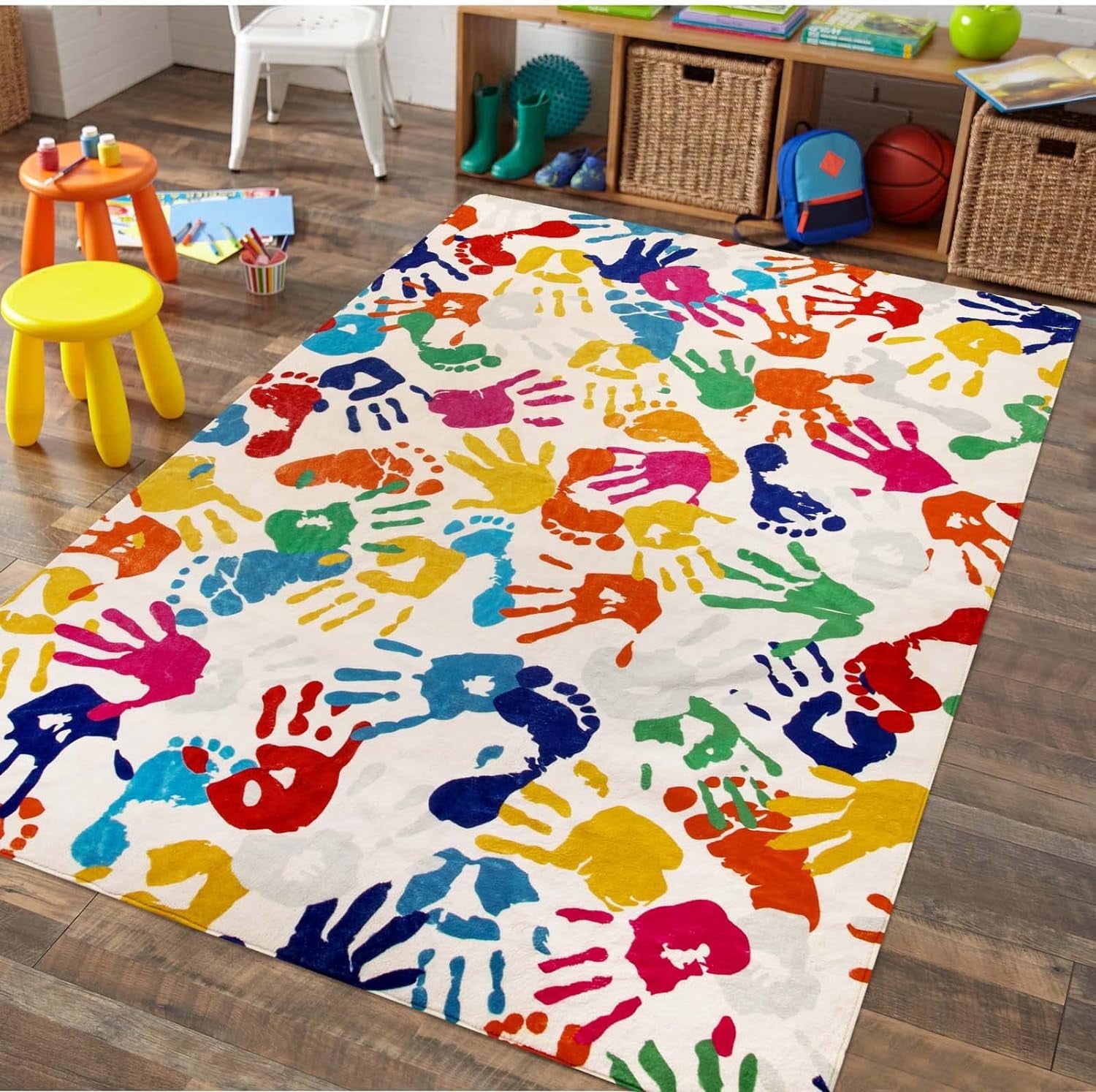 Handprints and Footprints Large Kids Rug 5'x7', Washable Colorful Area ...