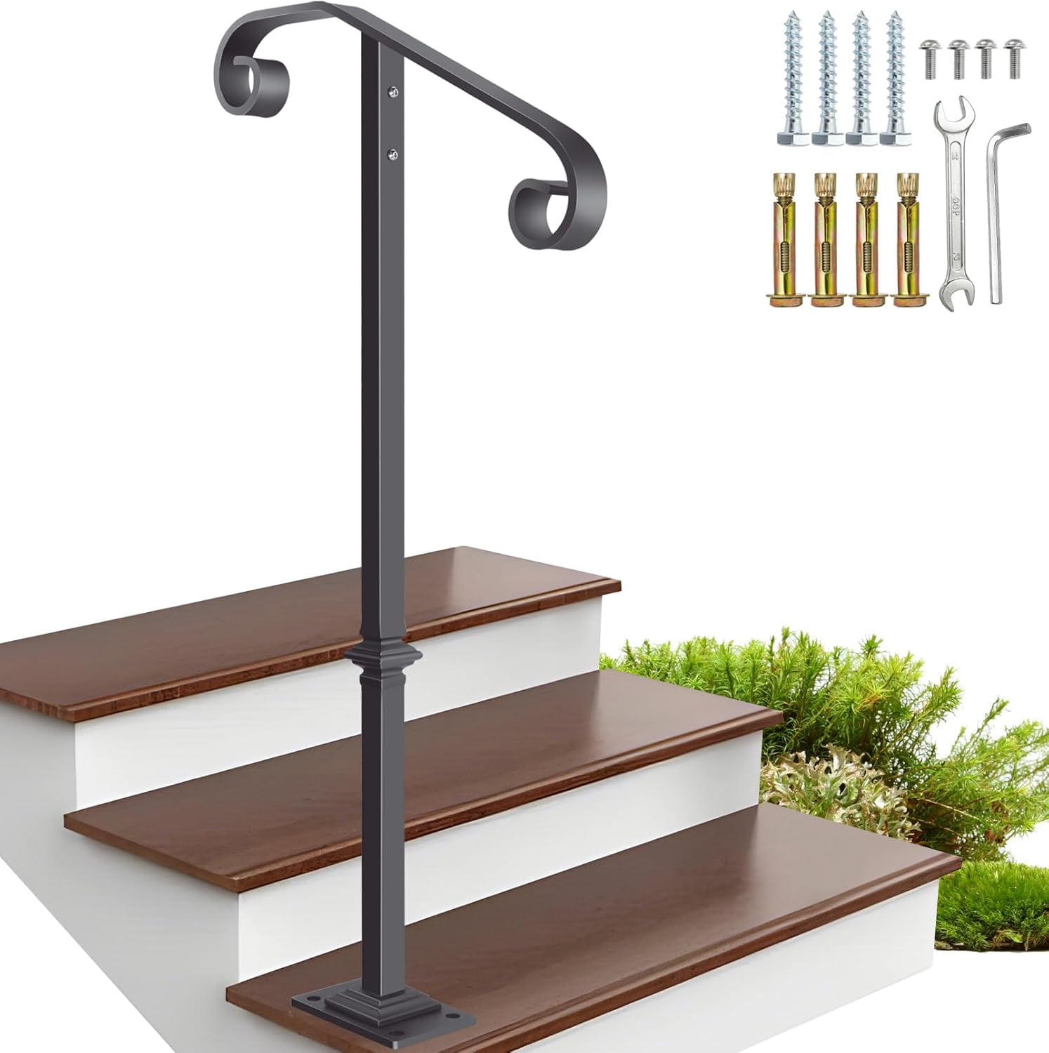 38.8‘’H, Single Post Handrail Fits 1 or 2 Steps, Sturdy Outdoor Stair ...