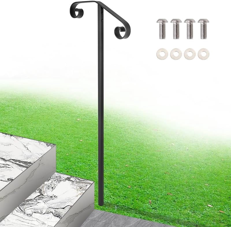 Handrail - Single Post Railing, Wrought Iron Post Mount Step Grab ...
