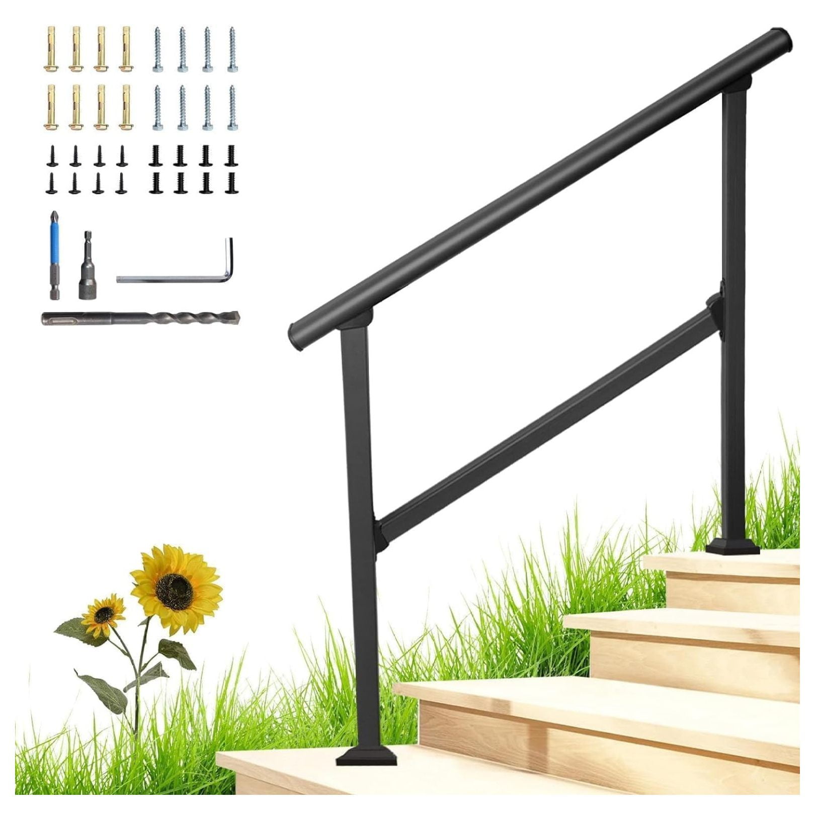 Handrails for Outdoor Steps, 1-2 Steps Stair Railing Indoor with Screw ...