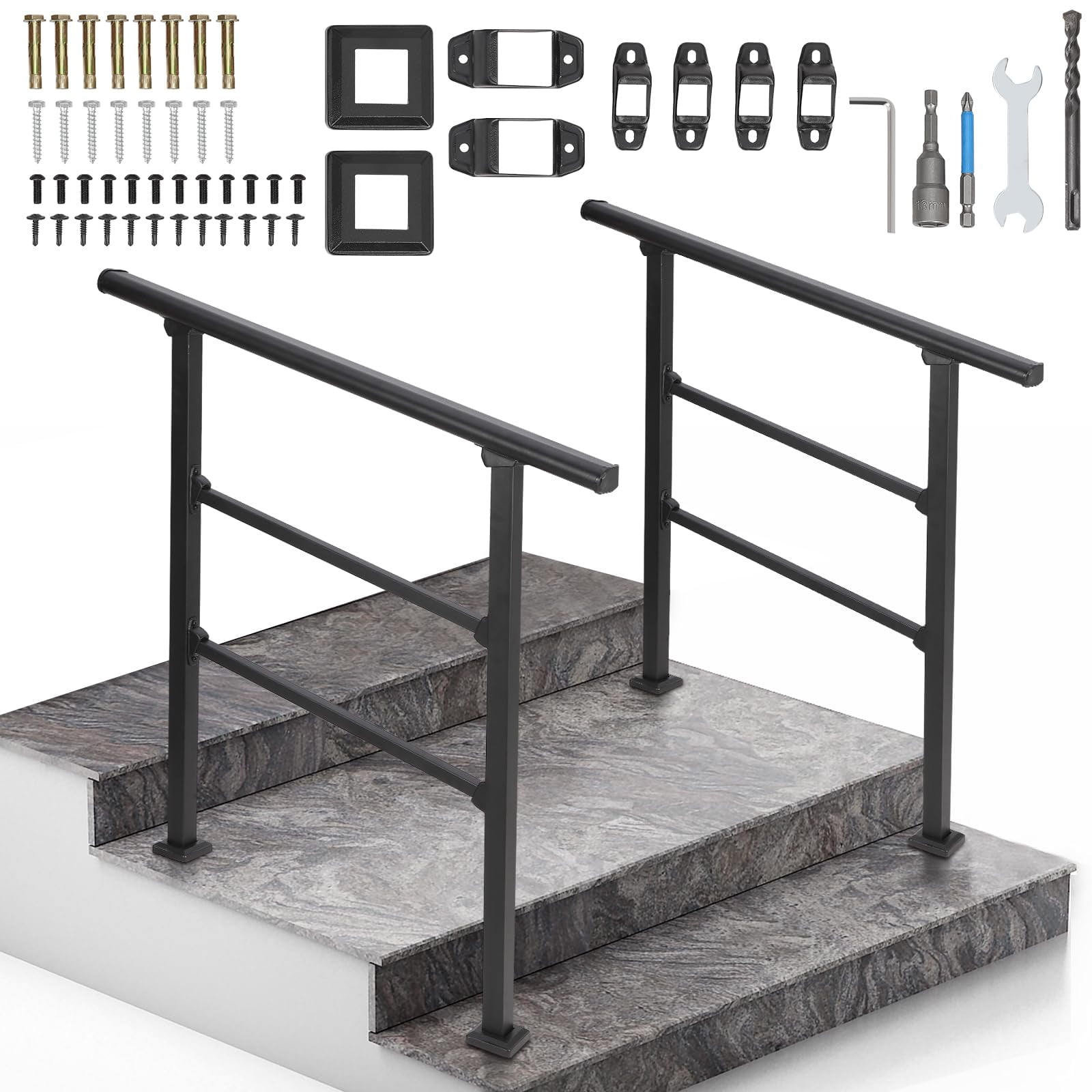 Handrails for Outdoor Steps, 3 Step Handrail Fit 2 or 3 Steps Outdoor ...