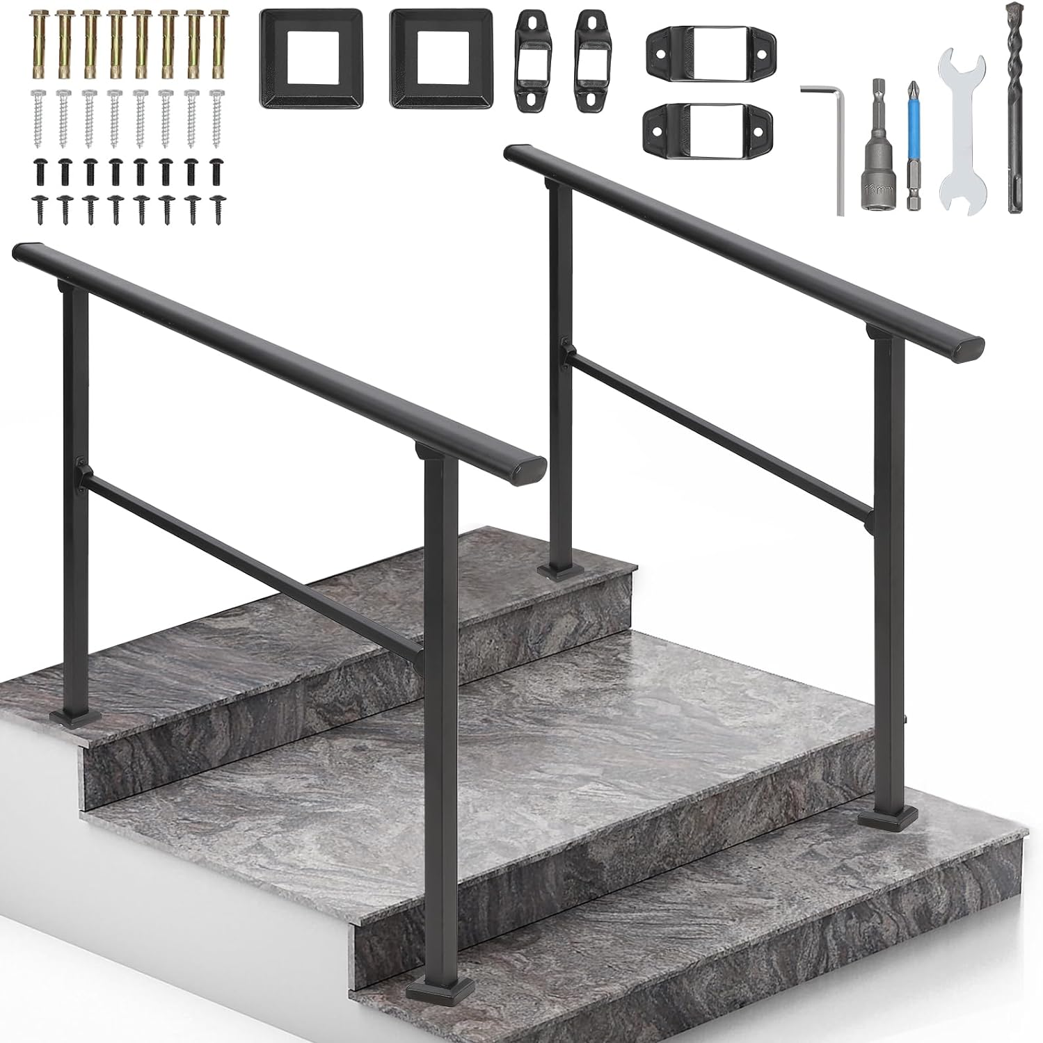 Handrails for Outdoor Steps, 3 Step Handrail Fit 2 or 3 Steps Outdoor ...