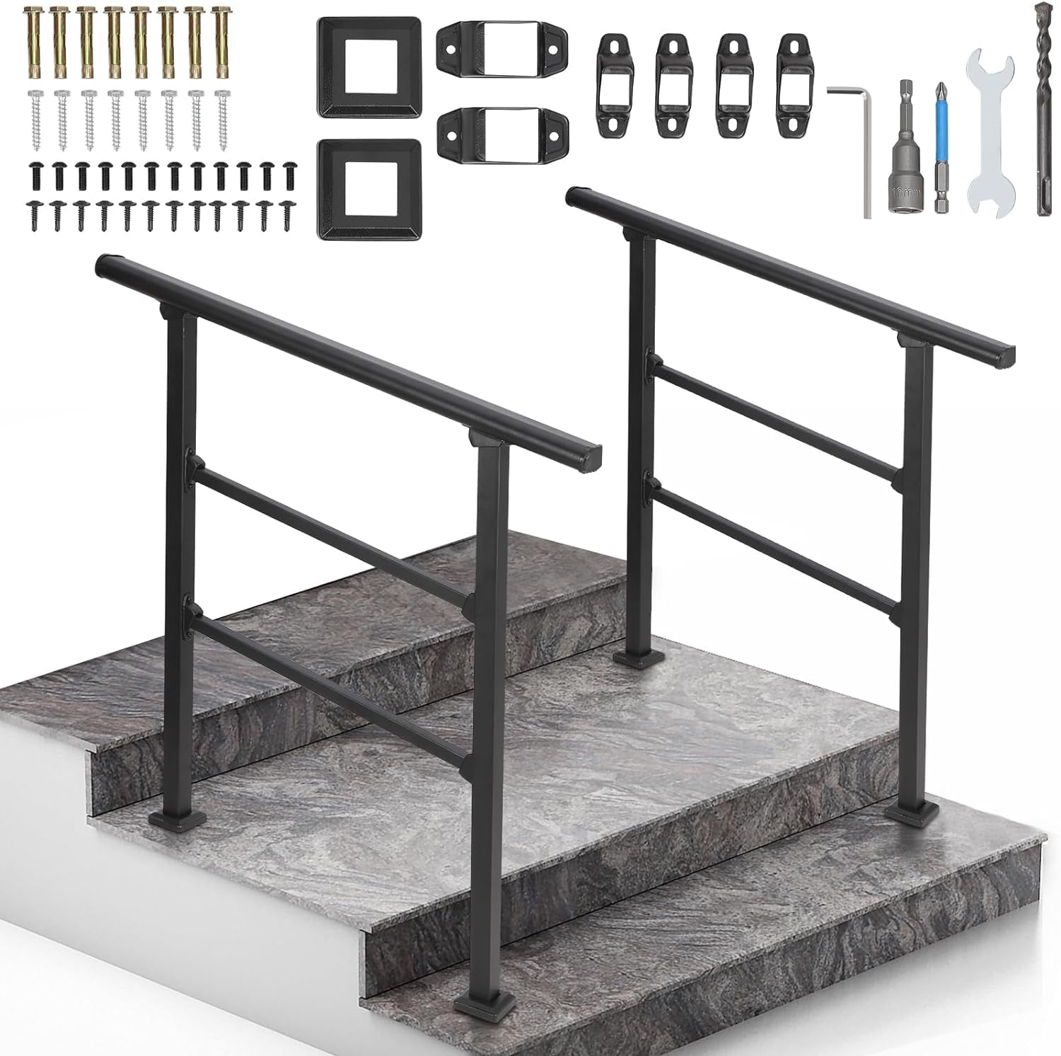 Handrails for Outdoor Steps, 3 Step Handrail Fit 2 or 3 Steps Outdoor ...