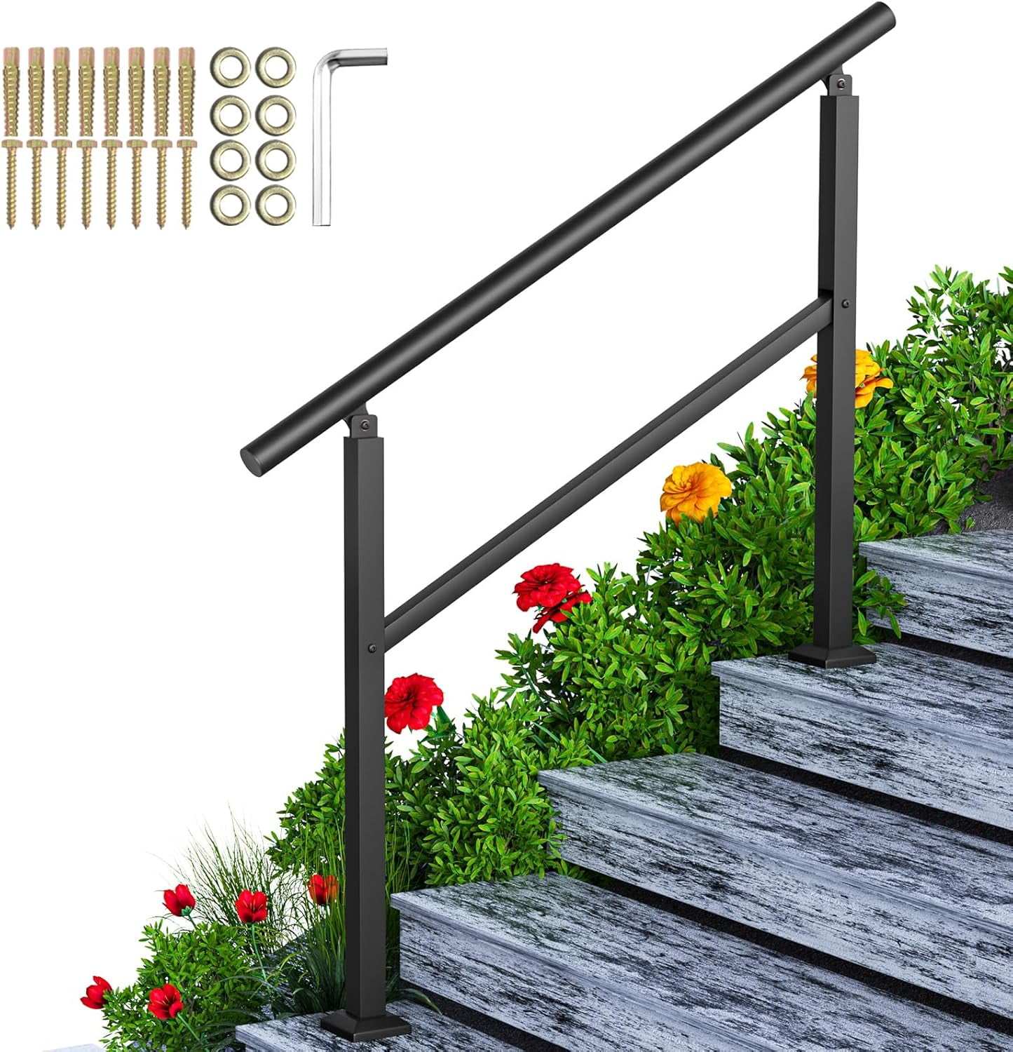 Handrails for Outdoor Steps,4 Step Handrail Fits 0 to 4 Steps Aluminum ...