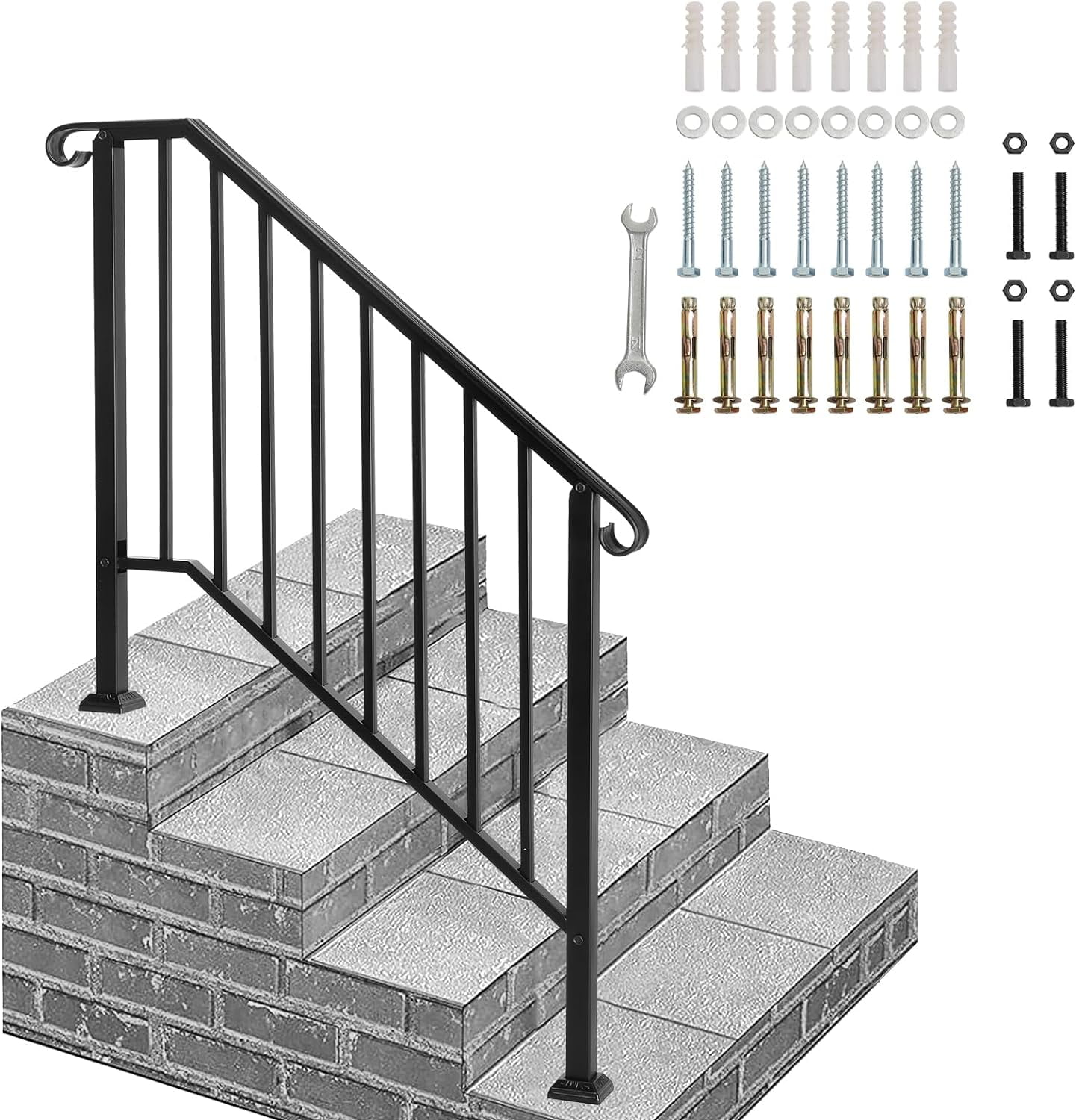 Handrails for Outdoor Steps, Black Wrought Iron Handrail Fits 3 or 4 ...