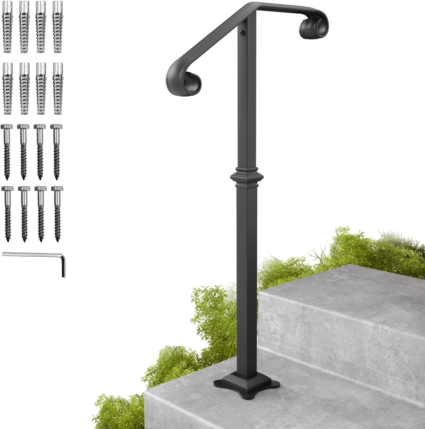 Handrails for Outdoor Steps Single Post handrail Black Step Handrail Stair Railing Fit for 1-2 ...